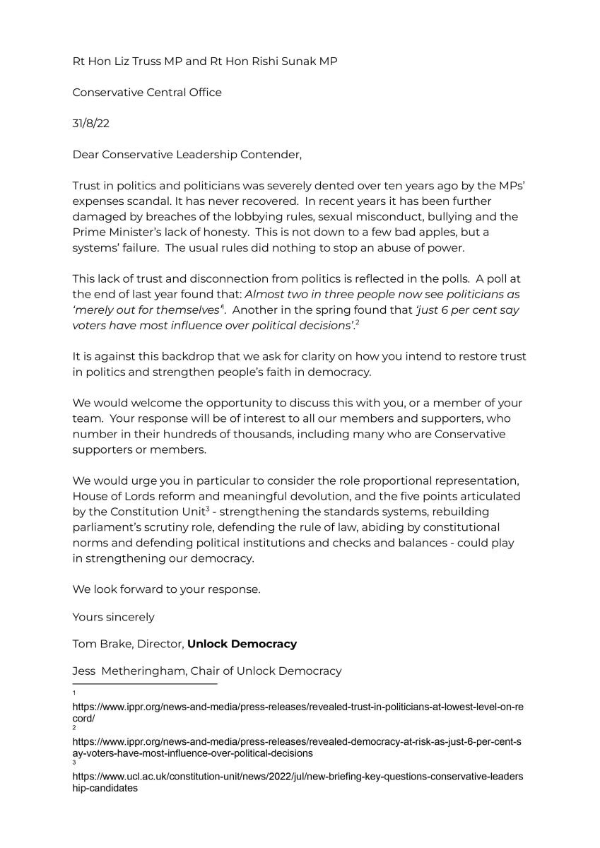 Joint Letter to Leadership Contenders: Restoring Trust in Politics ...